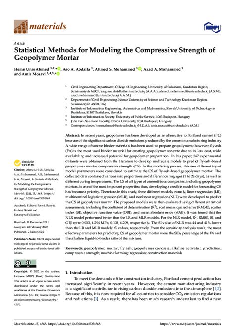 Pdf Statistical Methods For Modeling The Compressive Strength Of Geopolymer Mortar