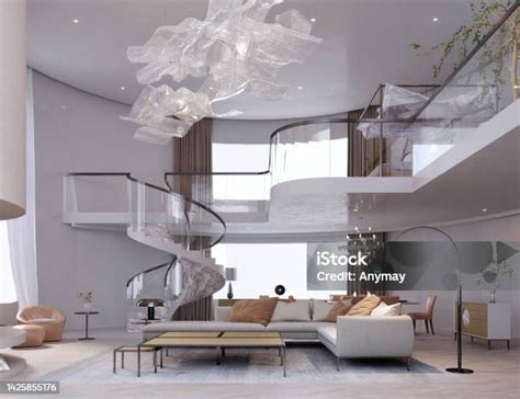 3d 렌더링 3d 일러스트레이션 인테리어 장면 및 모형 메자닌 거실 곡선 유리 난간 현대 스타일 0명에 대한 스톡 사진 및 기타 이미지 Istock