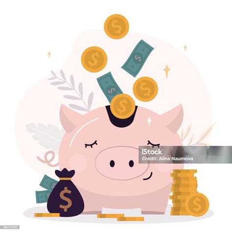 돈을 절약하십시오 자금 관리 사업 떨어지는 금화와 함께 재미있는 돼지 저금통 퇴직금 연금 기금 은행 예금 개설 미래에 대한 투자 0명에 대한 스톡 벡터 아트 및 기타 이미지
