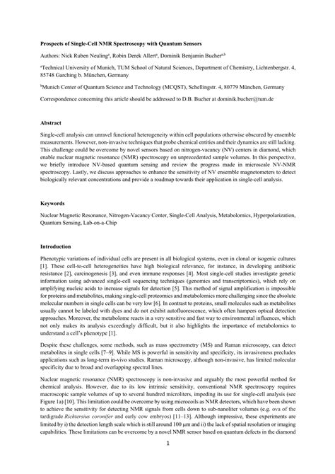 Pdf Prospects Of Single Cell Nmr Spectroscopy With Quantum Sensors