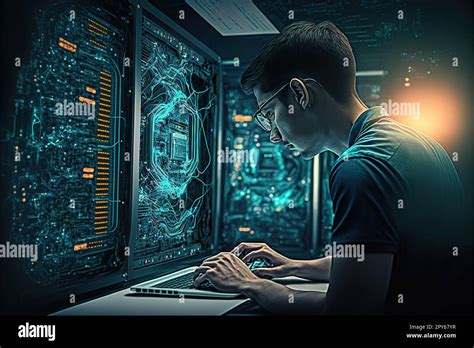 computer engineer working on laptop computer with server room data