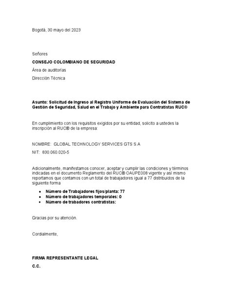 Carta De Solicitud De Inscripcion Al Ruc Pdf