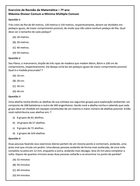 Máximo Divisor Comum E Mínimo Múltiplo Comum Gabarito Pdf Abelhas