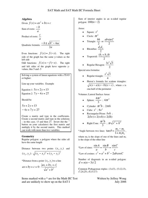 Sat Math Formula Reference Sheet Pdf Area Sine