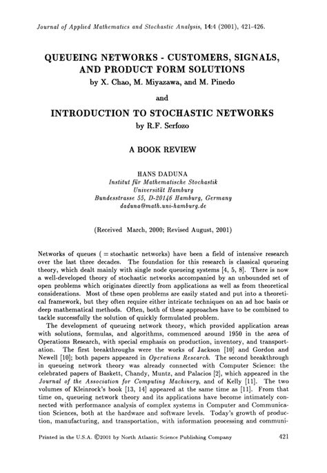 Pdf Queueing Networks Customers Signals And Product Form Solutions By X Chao M
