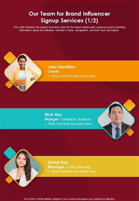 Our Team For Brand Influencer Signup Services One Pager Sample Example Document Ppt Slide