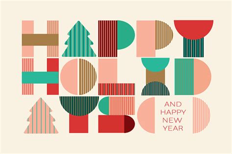 해피 홀리데이와 새해 복 많이 받으세요 인사말 추상 기하학적 모자이크 인사말 카드 플랫 디자인 템플릿 나무 줄무늬 개체 그룹에 대한 스톡 벡터 아트 및 기타 이미지 Istock
