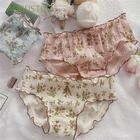 Augustus กางเกงชั้นใน ผ้าฝ้าย เอวสูง ลายดอกไม้ สไตล์เกาหลี โลลิต้า หลากสี สําหรับผู้หญิง