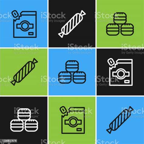 과자 마카론 쿠키 및 아이콘을위한 세트 라인 캔디 포장을 설정합니다 벡터 공휴일에 대한 스톡 벡터 아트 및 기타 이미지 공휴일 귀여운 달콤한 음식 Istock