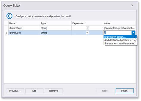 how to pass a dashboard parameter to a custom sql query business intelligence dashboard