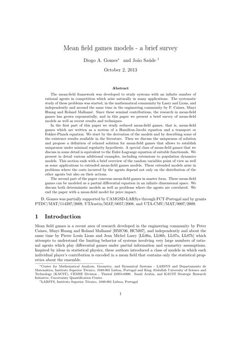 Pdf Mean Field Games Models—a Brief Survey