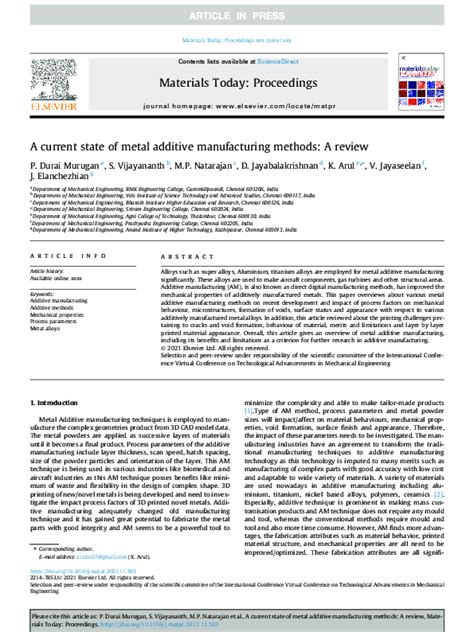 Pdf A Current State Of Metal Additive Manufacturing Methods A Review