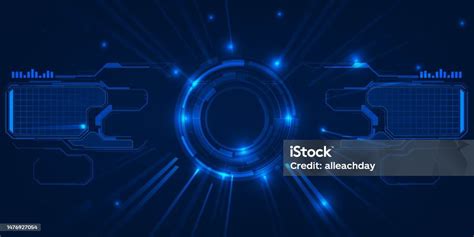 하이테크 스크린의 벡터 일러스트 레이 션 또는 광고 및 게임 그래픽 아트 워크를위한 원형 Hud 및 디지털 그리드 라인 회로를 사용한 모니터링 미래 기술 설계 개념 0명에