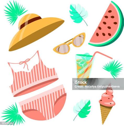 여름 것들 포스터와 캘린더 및 엽서아이콘 집합입니다 비치 컬렉션 수영복 선글라스 큰 여름 모자 칵테일 아이스크림 슬라이스 수박 휴식 바다 벡터 일러스트레이션 개념에 대한