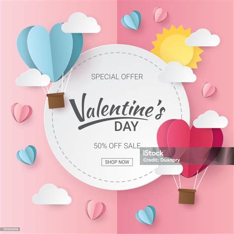 발렌타인 하트 풍선 구름 및 태양 판매 배경 종이 컷 스타일 벡터 일러스트입니다 2월에 대한 스톡 벡터 아트 및 기타 이미지 2월 가격 개념 Istock