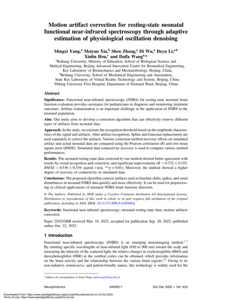 Pdf Motion Artifact Correction For Resting State Neonatal Functional Near Infrared