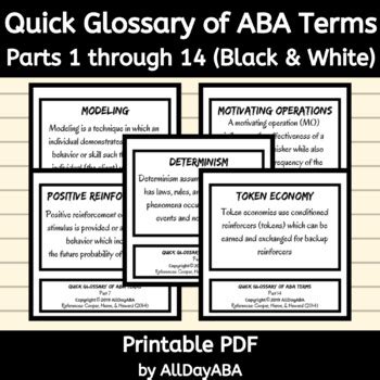 Quick Glossary Of ABA Terms Parts Through BCBA Exam Prep Flash Cards B W