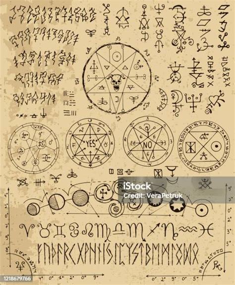 매직 글자 펜타클 룬 조디악 물개가있는 벡터 디자인 세트 초자연적인에 대한 스톡 벡터 아트 및 기타 이미지 초자연적인