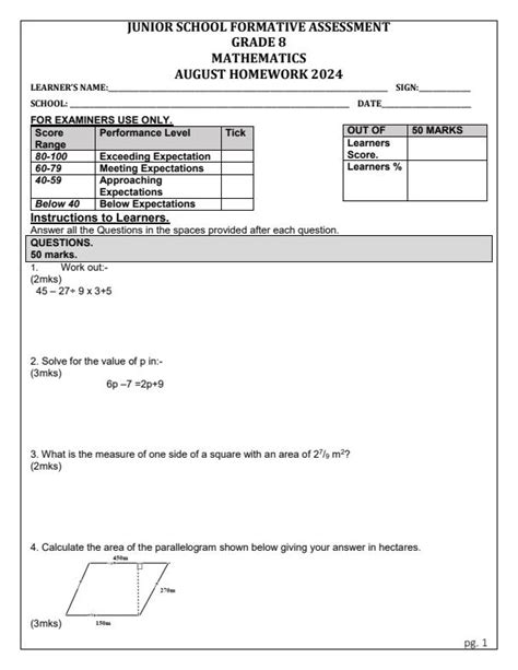 Grade 8 Mathematics August 2024 Holiday Assignment 16836