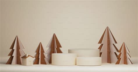 크림색의 흰색 배경에 아름다운 크리스마스와 새해를 위한 연단 나무와 크리스마스 트리를 둘러보세요 제품 및 광고를 표시하기 위한