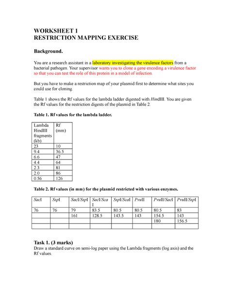 Worksheet 1 Dry Lab 4 Worksheet 1 Restriction Mapping Exercise