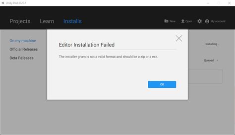 Unity Hub Editor Installation Failed An Unexpected Error Occured During Installation Unity