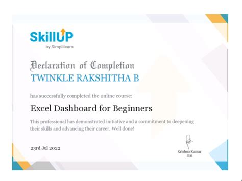 Certificate Of Excel Dashboard For Beginners Skillup
