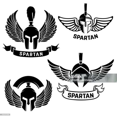 날개가 달린 스파르타 투구 세트 라벨 엠블럼 사인 브랜드 마크를 위한 디자인 요소 벡터 일러스트 레이 션입니다 로마 군대의 백