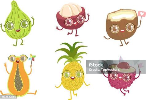 재미 열대 과일 문자 세트 파파야 파인애플 열매 코코넛 망고스틴 구아바 벡터 일러스트 구아바에 대한 스톡 벡터 아트 및 기타