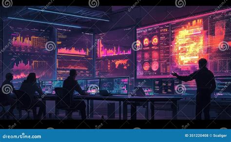 Team Analyzing Data In A High Tech Command Center With Multiple Screens