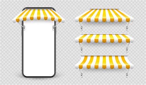 상점 차양과 금속 마운트가 있는 스마트폰 온라인 인터넷 쇼핑 현실적인 노란색 줄무늬 카페 차양 야외 시장 텐트 지붕 캐노피 여름 거리 상점 벡터 그림 가리기에 대한 스톡