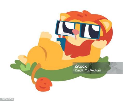 귀여운 사자 성격 와 갈기 속이는 것 에서 선글라스 음료 주스 벡터 일러스트 갈기에 대한 스톡 벡터 아트 및 기타 이미지