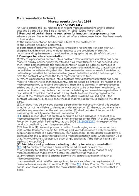 Misrepresentation Notes Misrepresentation Lecture 2 Misrepresentation Act 1967 1967 Chapter