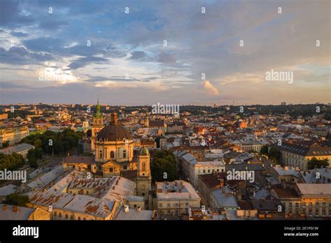 Lviv Ukraine 2020 Aerial View On Dominican Church And Dormition
