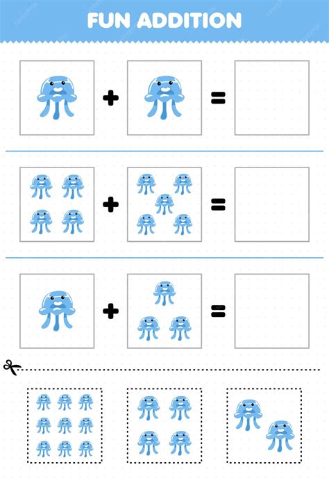 인쇄 가능한 수중 워크시트를 위한 귀여운 만화 해파리 사진을 자르고 매치하여 어린이를 위한 교육 게임 재미 추가 프리미엄 벡터