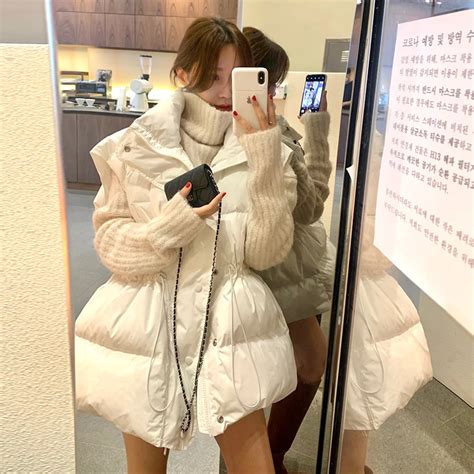 여성용 루즈한 허리 드로스트링 브레드 슈트 두꺼운 코트 미디엄 롱 다운 패딩 코트 조끼 착용 가을 및 겨울 위시버킷