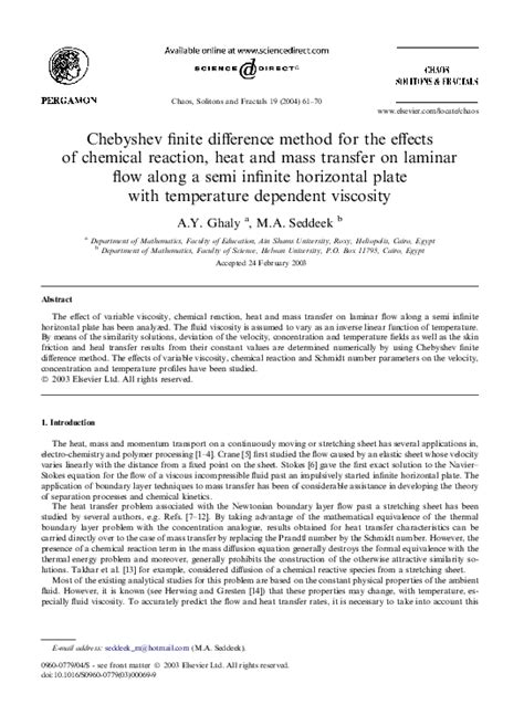 Pdf Chebyshev Finite Difference Method For The Effects Of Chemical