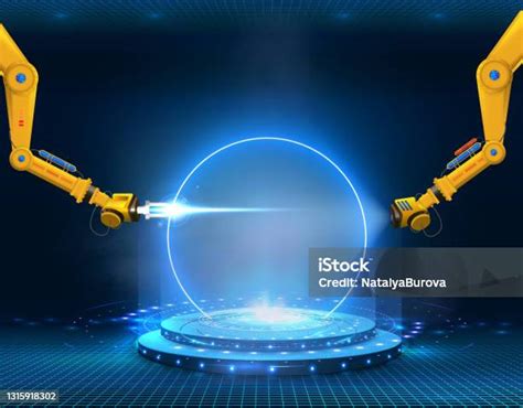 미래 원 포털 Hud Gui Ui 화면 받침대 제품 프레젠테이션 파란색 배경의 추상적 스타일입니다 공장 자동화 스마트 하이테크 공장 디자인 혁신 개념 산업용 로봇팔에 대한