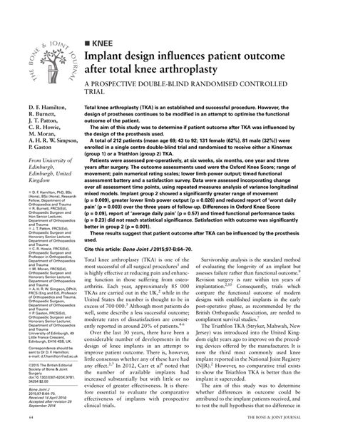 Pdf Implant Design Influences Patient Outcome After Total Knee Arthroplasty A Prospective
