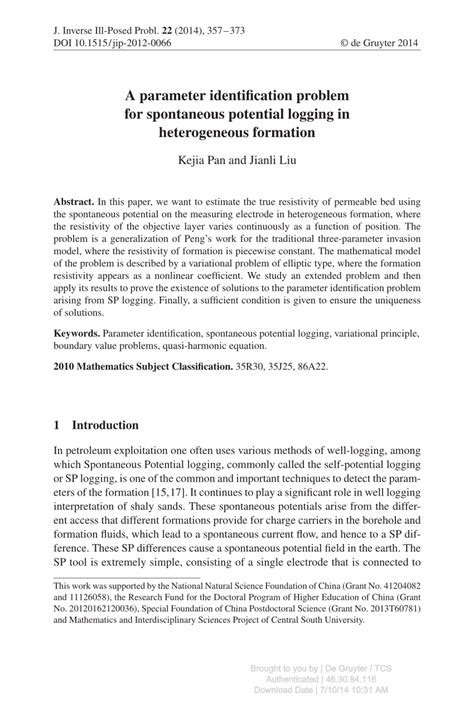 Pdf A Parameter Identification Problem For Spontaneous Potential Logging
