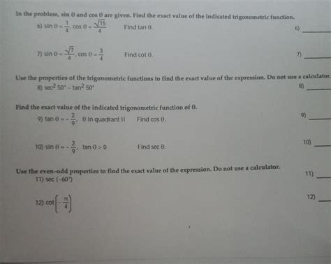 Solved In the problem sin θ and cos θ are given Find the Chegg com