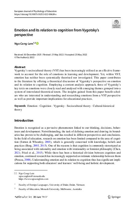Pdf Emotion And Its Relation To Cognition From Vygotskys Perspective
