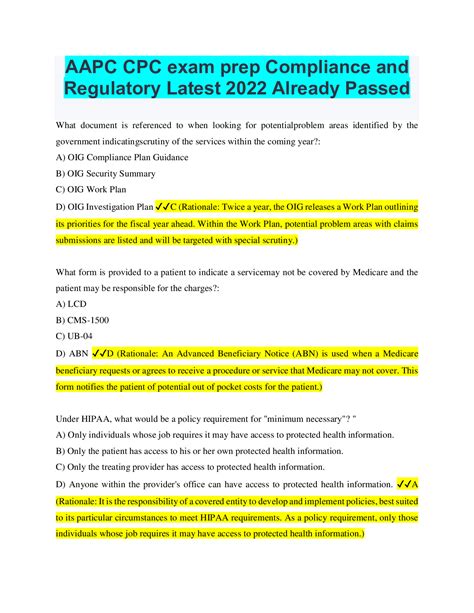 Aapc Cpc Exam Prep Compliance And Regulatory Latest 2022 Already Passed Scholarfriends