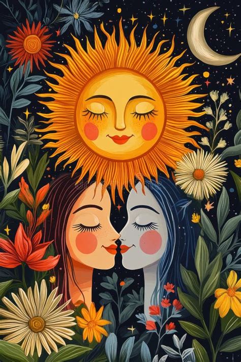 Sun Moon Illustration A Vibrant Illustration Featuring Cheerful Sun And Moon Faces Surrounded