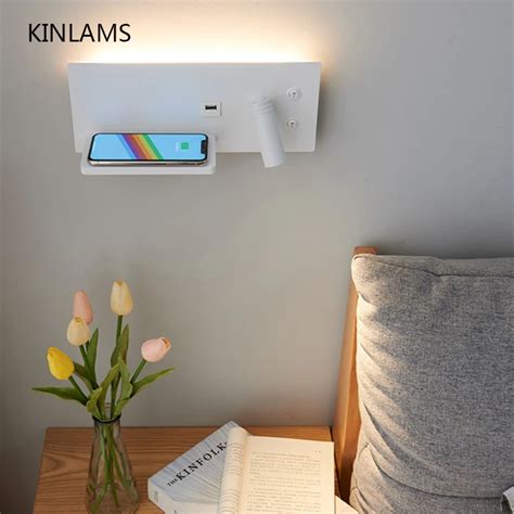 Usb Led 무선 충전 벽 램프 침실 침대 옆 조명 독서 스포트라이트 간단한 공부 거실 스위치 포함 다기능