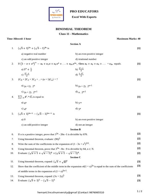 Class 11 Cbse Binomial Theorem Test Pdf Number Theory Numbers