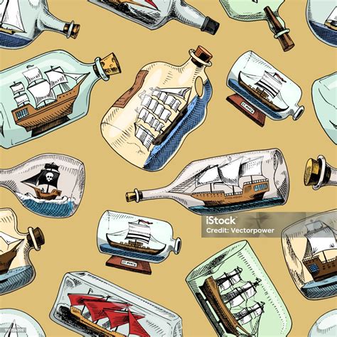 코르크와 유리 범선에서 미니어처 영재 항해 기념품 또는 배경 완벽 한 패턴 배경에 고립 된 플라스 크에 출하 병 벡터 배 배 Sport Set에 대한 스톡 벡터 아트 및