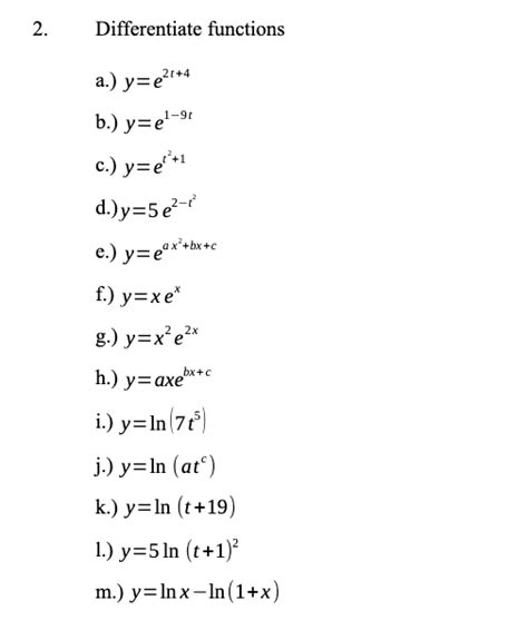 solved 2 differentiate functions 2t 4 а у 3е b y e 1 9t