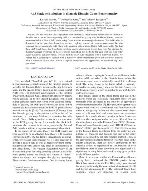 Pdf Ads Black Hole Solutions In Dilatonic Einstein Gauss Bonnet Gravity Dokumen Tips