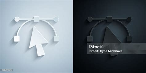 종이 컷 베지어 곡선 아이콘은 회색과 검은색 배경에 분리되어 있습니다 펜 도구 아이콘입니다 종이 아트 스타일 벡터 3차원 형태에 대한 스톡 벡터 아트 및 기타 이미지